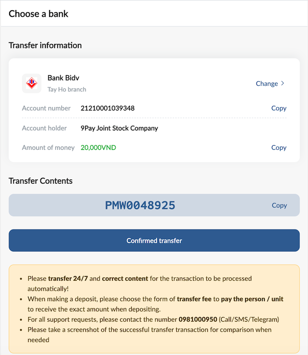 Payment Method - Bank Transfer Vietnam